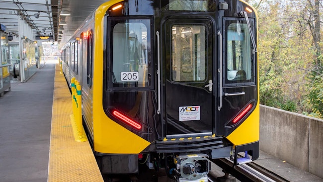 A Hitachi railcar on the Baltimore Metro Subway Link.